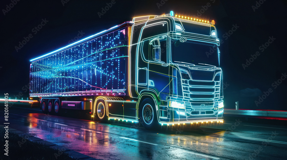 Truck with glowing lights road. Concept logistics and transportation ...