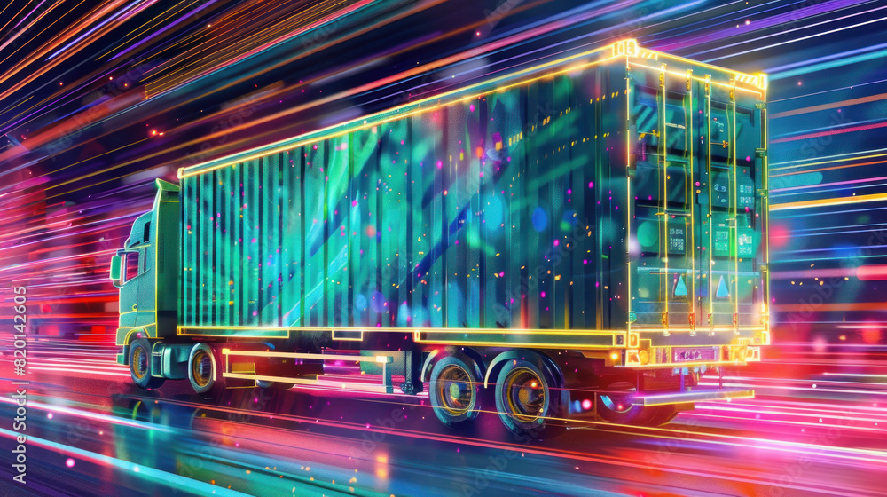 Big truck with neon lights in background. Glossy silhouette heavy ...