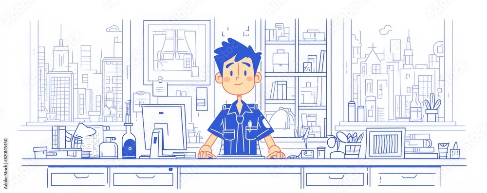 Animated worker at a computer, detailed office background, cartoon ...