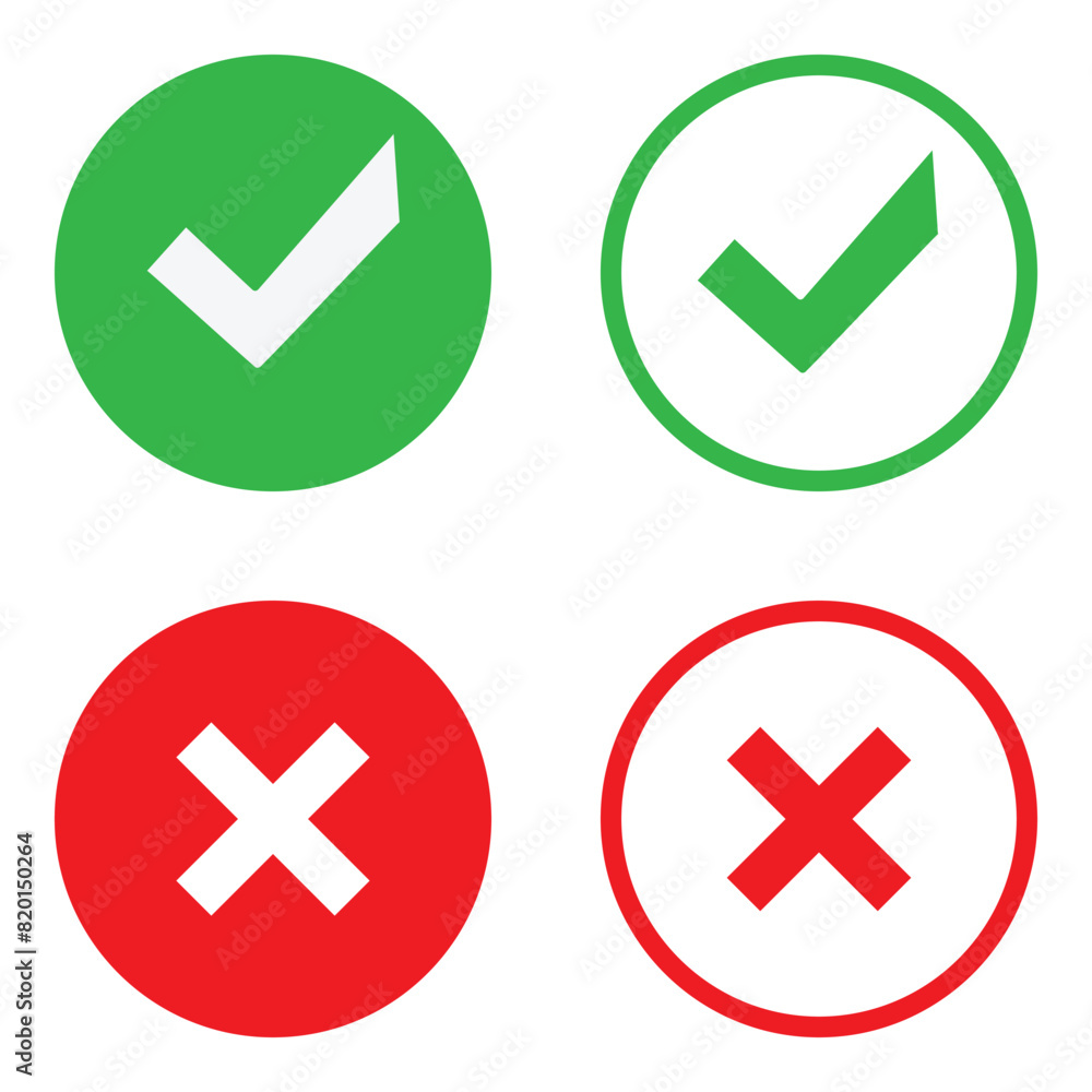 Green check mark and red cross mark. Validation and refusal icons ...