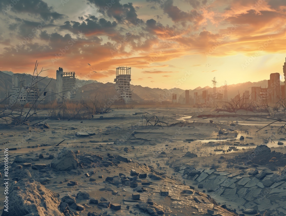sunset over the city Abandoned world left destroyed dystopian planet ...