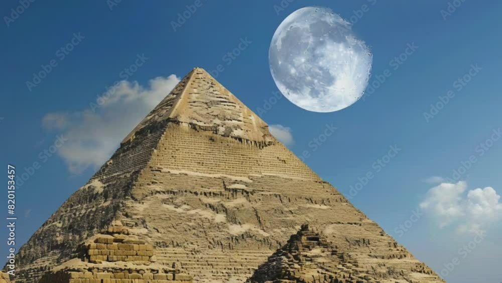 Mystical full moon illuminates an ancient pyramid amidst ruins, casting ...