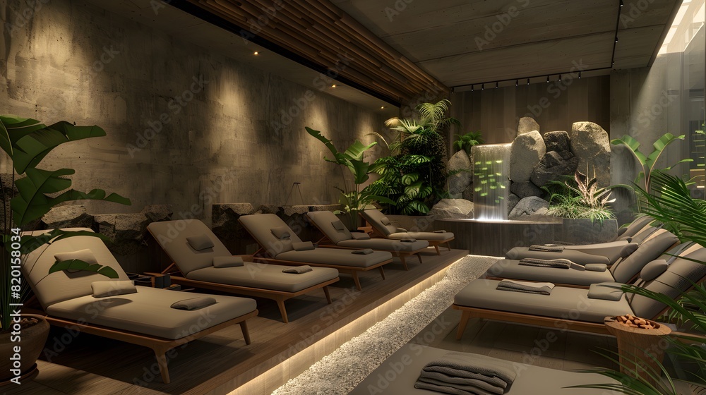Elegant Spa Interior with Wooden Slat Walls, Green Plants, Comfortable ...