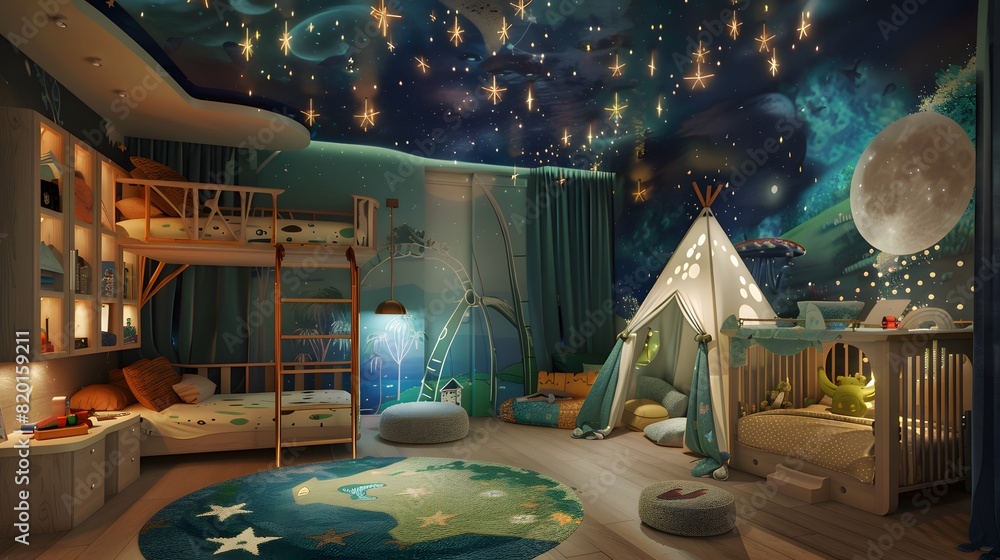 Magical kids room with celestial theme, large teepee, bunk beds, starry ...