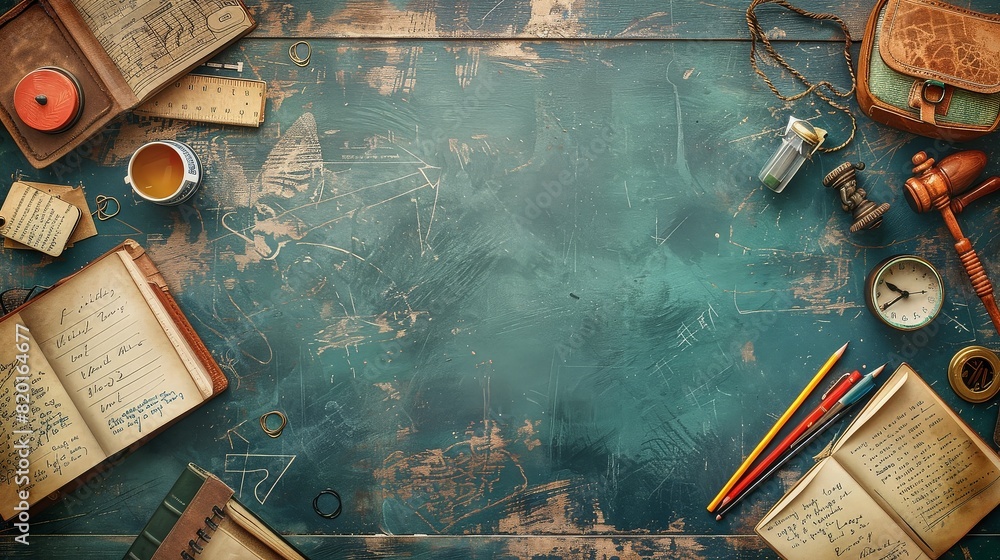 Vintage study desk with old books, writing tools, compass, and antique ...