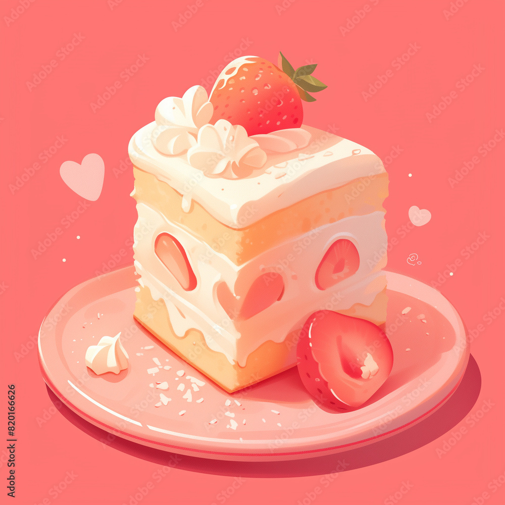 kawaii illustration of a cake on a pink plate, anime illustration of a ...