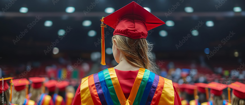 High school graduation ceremony with a valedictorian wearing a rainbow ...