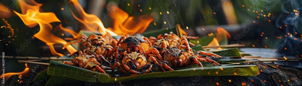 Aping, fried spiders, a delicacy in Cambodia, served on a banana leaf ...