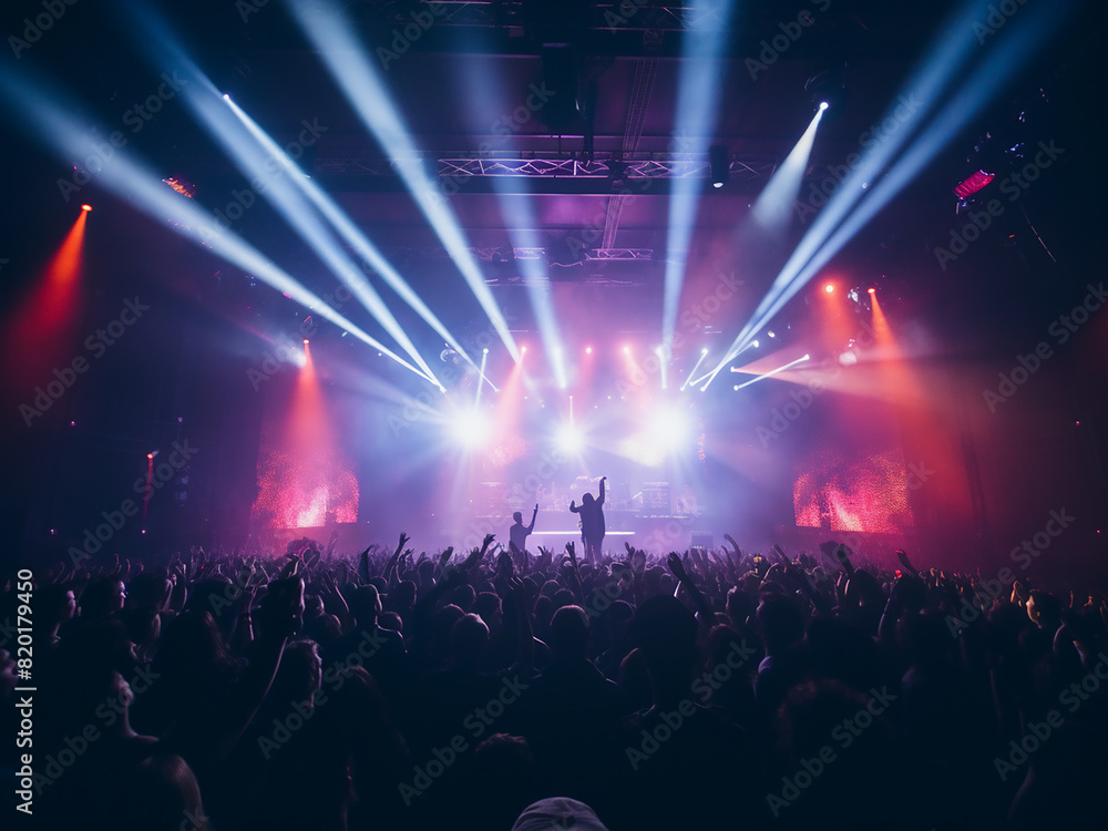 Concert stage lighting creates a dynamic backdrop, blurring into a live ...