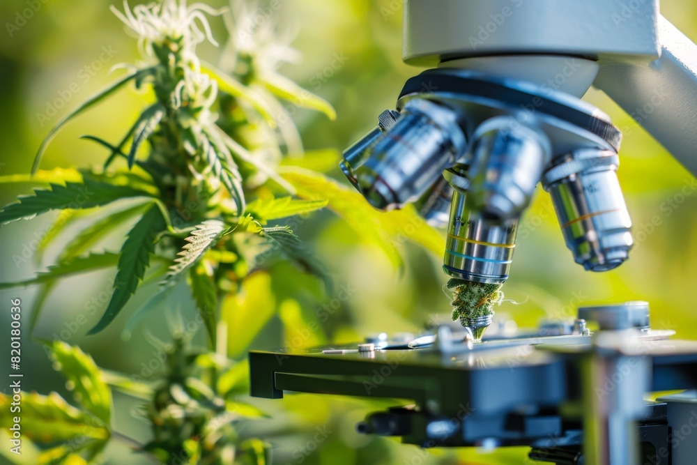 Microscope examining a cannabis trichome, representing the detailed ...