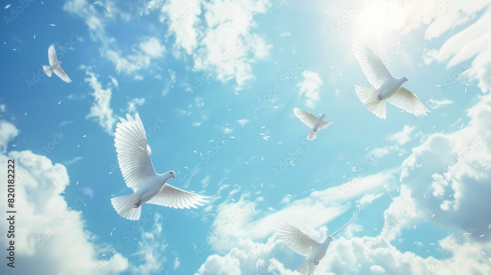 Flock of white doves flying in sky - A serene image depicting a flock ...