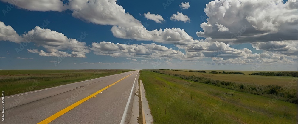 Highway among fields under a beautiful sky with white clouds. Beautiful ...
