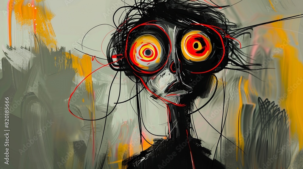man face red eyes illustration huge eyed tones black background ...