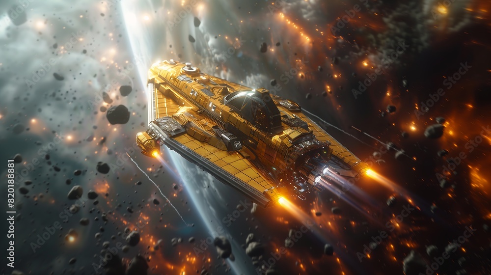 spaceship flying space filled lots rocks debris gold black graphics ...