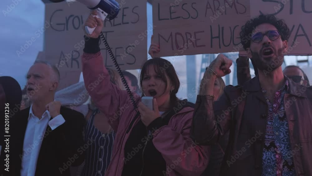 Diverse group of activists people holding posters and banners antiwar ...