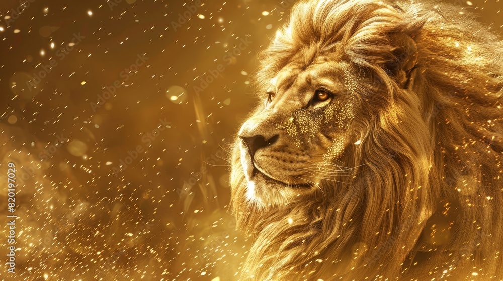 Golden lion with sparkling mane and particles - An artistic portrayal ...