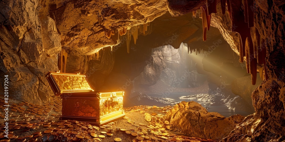 Treasure chest in a golden cave with coins - An inviting image of an ...