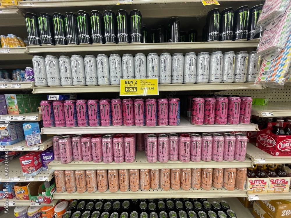 Harveys grocery store interior Monster energy drink display and prices ...