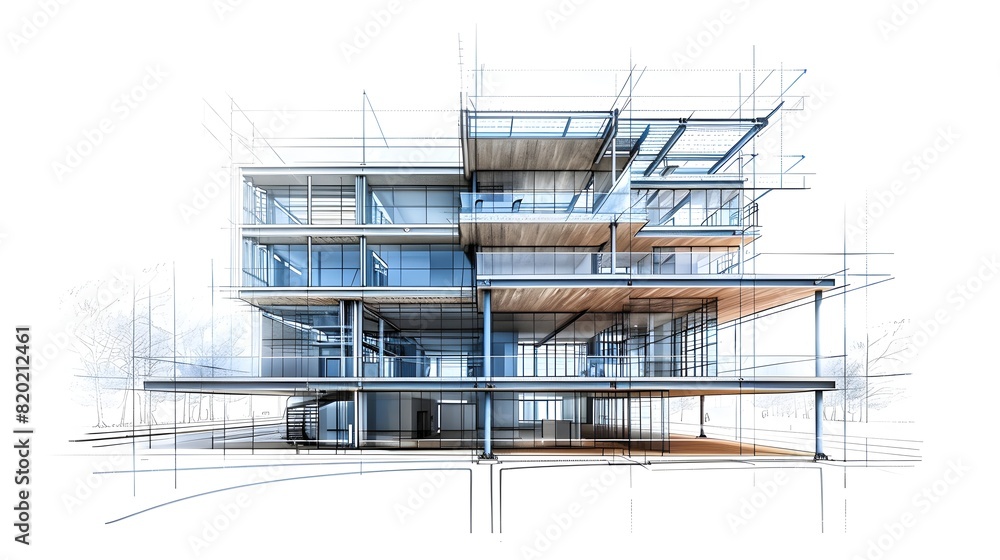 detailed architectural sketch of a multi-story building. The structure ...
