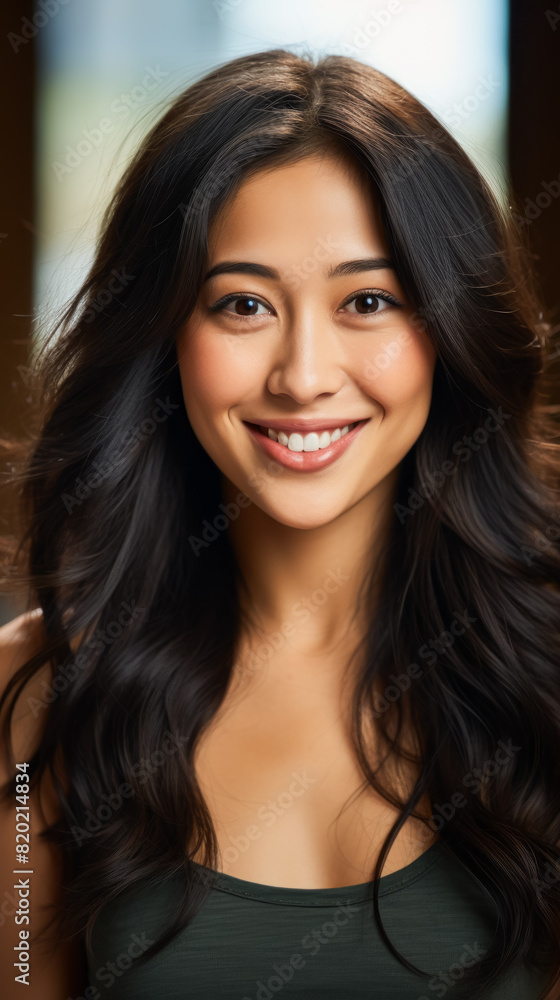 There is a woman with beautiful long dark hair smiling at the camera ...