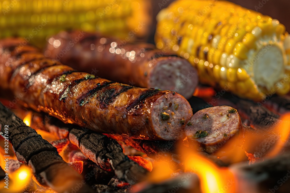 A close-up photo of juicy sausages and corn on the cob grilling over ...