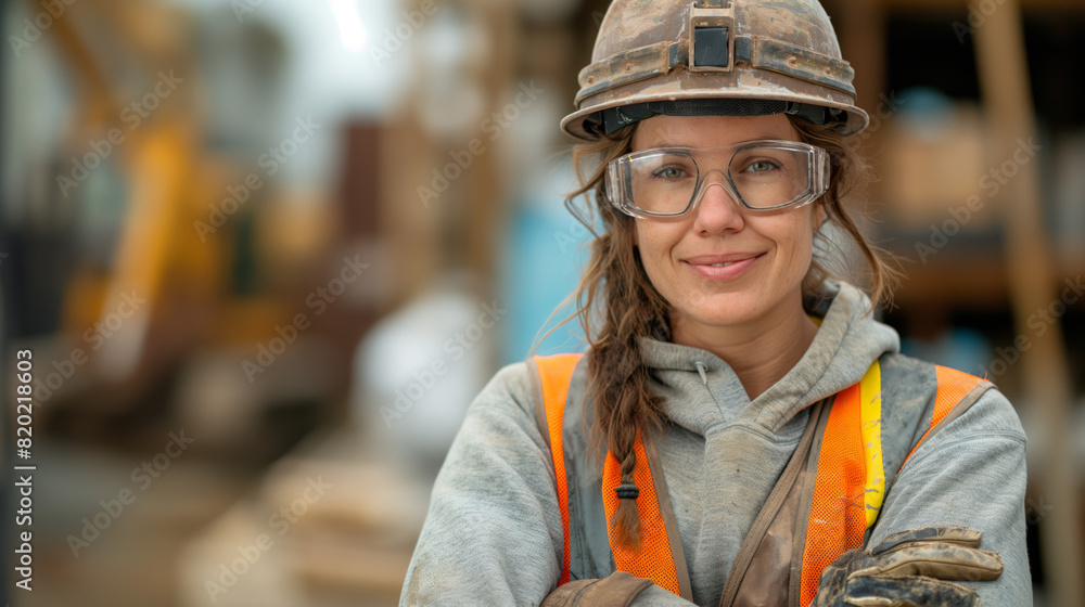 Portrait of a confident female construction worker wearing hard hat and safety glasses at a ...