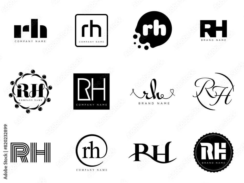 RH logo company template. Letter r and h logotype. Set different ...