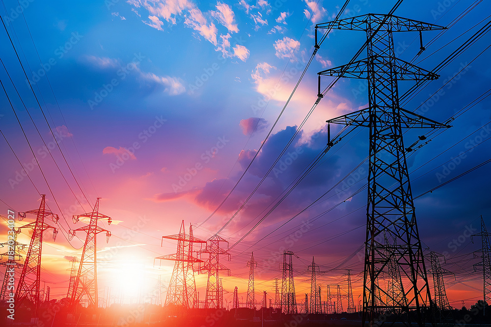 A electricity power line supply large electrice towers wires against ...