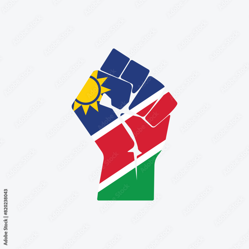 Flag of Namibia in the shape of raised hand sign isolated on background ...