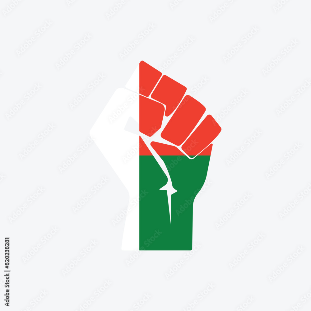Flag of Madagascar in the shape of raised hand sign isolated on ...