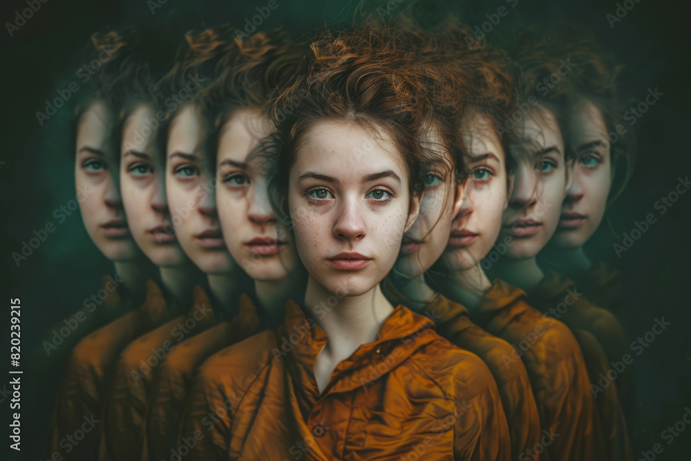 Conceptual portrait with woman surrounded by his multiple personalities ...