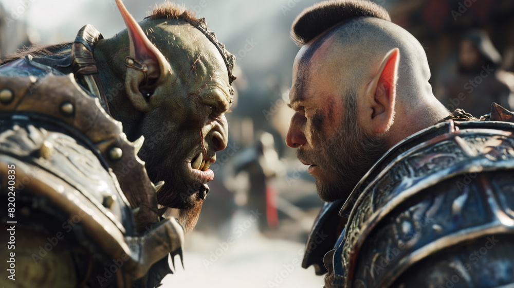 Battle of orcs and paladins, the world of warcraft. A man and an orc ...