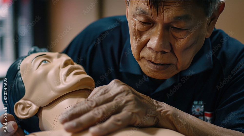 An Asian man in his middle age giving CPR to a dummy. Important steps ...