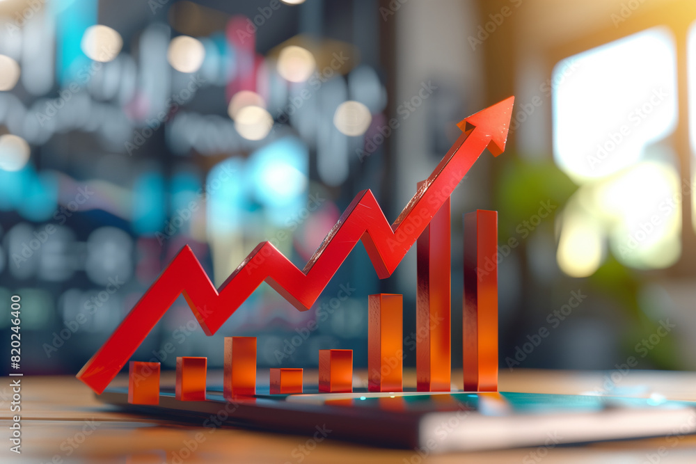 The business graphs with a red arrow heading upwards signify a ...