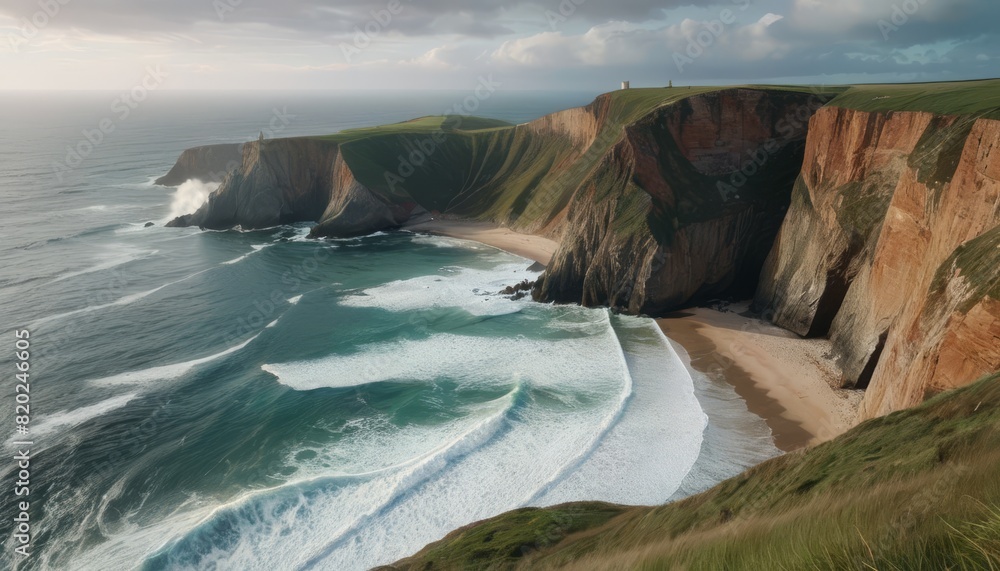 Dramatic cliffs tower over a secluded beach, with powerful waves ...
