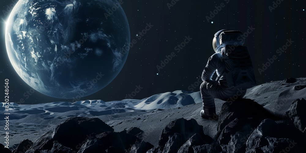 Lone astronaut gazes at Earth from the moon's surface Stock Illustration | Adobe Stock