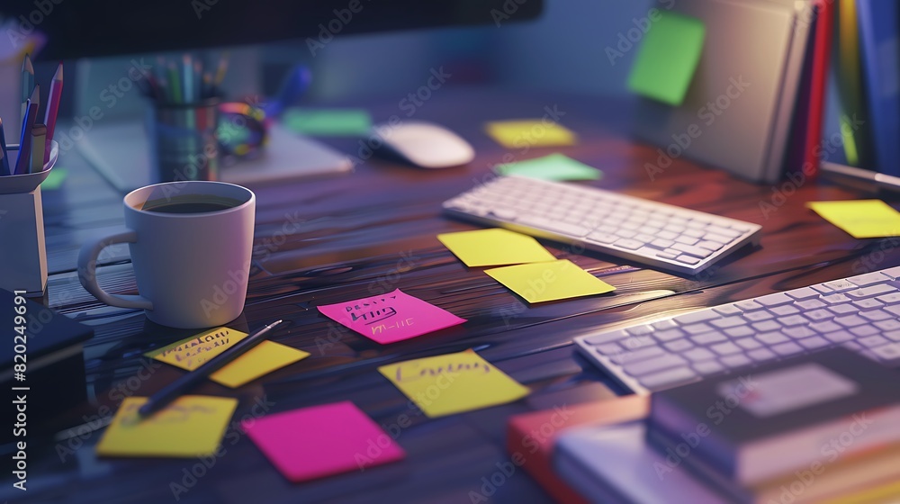 An office desk with a coffee cup, keyboard, and motivational quotes on ...