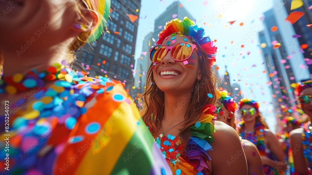 Smiling woman wearing rainbow accessories at a Pride parade. Colorful ...