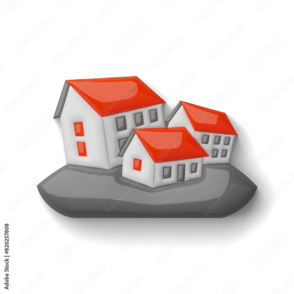 3D cartoon houses with red roofs on a shadow base, PNG alpha Stock ...