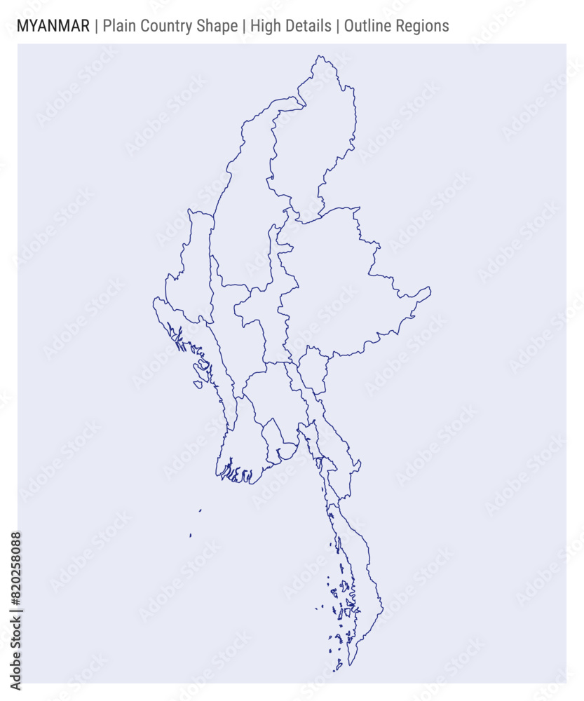 Myanmar plain country map. High Details. Outline Regions style. Shape ...