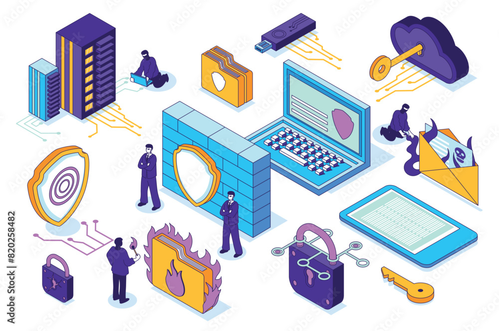 Cybersecurity 3d isometric mega set. Collection flat isometry elements ...