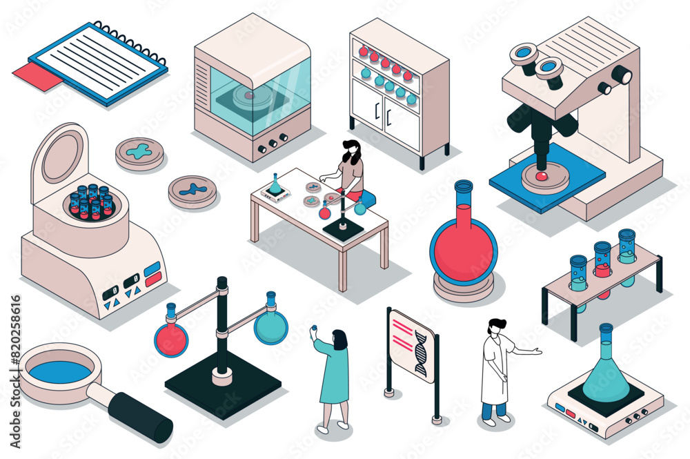 Science laboratory 3d isometric mega set. Collection flat isometry ...