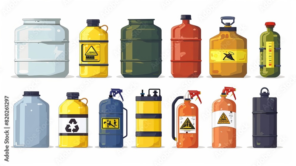 Different containers with hazardous chemical liquids in a row ...