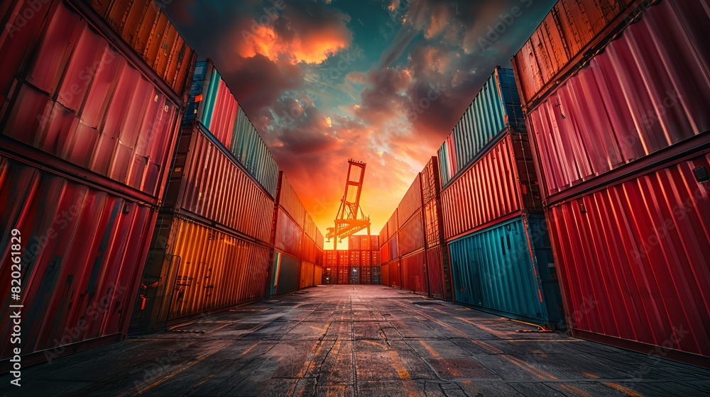 Stacked cargo containers in a warehouse are prepared for temporary ...