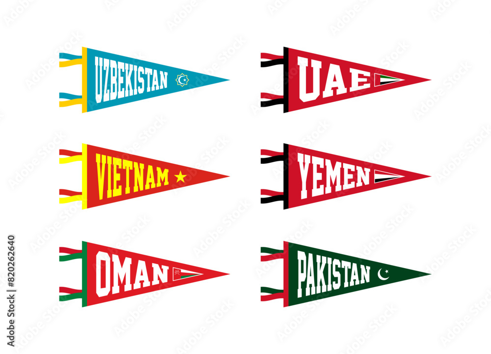 Vector set sport pennants of countries in Asia. Uzbekistan, UAE ...