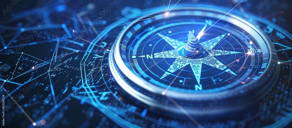 A sleek digital compass set against a blue background symbolizes ...