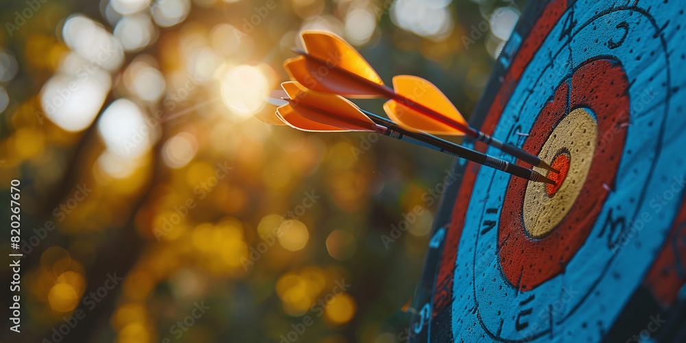 bullseye target or dart board has red dart arrow throw hitting the ...