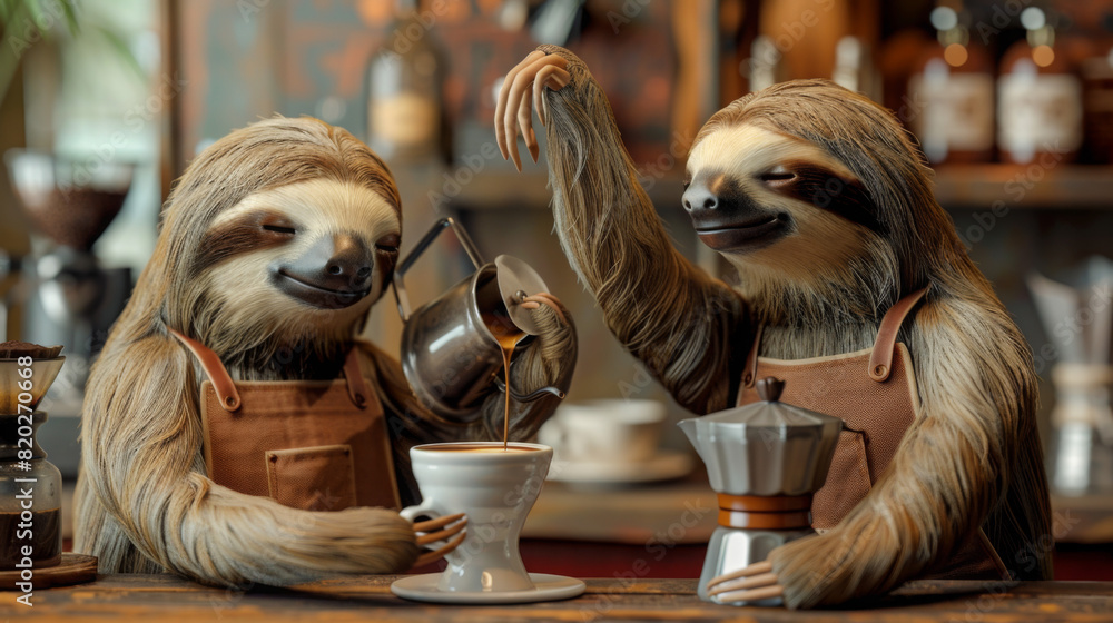 Award Winning National Geographic Minimal style, 3D sloths in barista ...