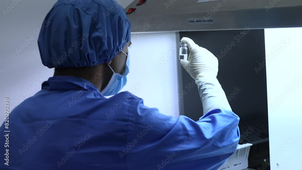 Vidéo Stock quality inspection of vaccine vials injection vial liquid medicine drug. a hand ...