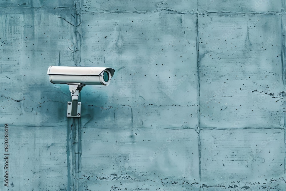A color photo of an AI-powered security camera mounted on a wall ...